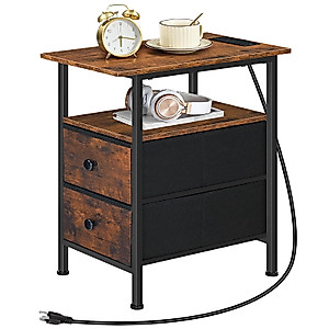 HOOBRO End Table with Charging Station, Set of 2 Narrow Side Tables, Nightstand with 2 Non-Woven Drawers, Slim Sofa Table, for Small Spaces, Living Room, Bedroom, Rustic Brown and Black BF486UBZP201