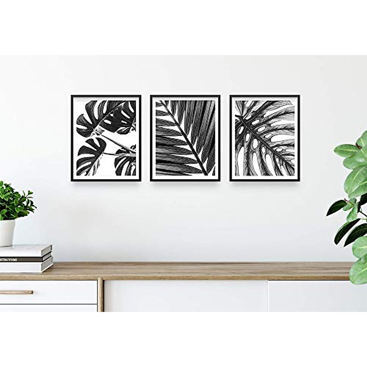 Grey Tropical Leaf Botanical Wall Art 3 Piece Print Set 8x10 Unframed Black and White Monstera and Palm Leaves for Bathroom, Bedroom Home Decor Idea