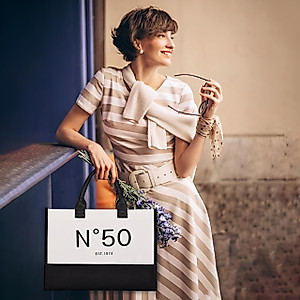 Lamyba 50th Birthday Gifts for Women Canvas Beach Tote Bag with Makeup Bag for Wife/Mom/Friends/Sister 50th Birthday Present, N°50 EST 1974