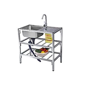 Single Bowl Utility Sink, Freestanding Kitchen Sink, Stainless Steel Commercial Dining Room with Hot and Cold Water Faucet and Drain for Laundry Backyard Garage Camping Bathroom
