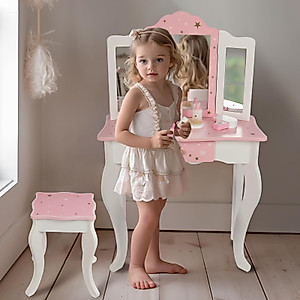 Kids Wooden Play Vanity Set with Vanity Table and 6 pcs Makeup Accessories, Tri-Fold Mirror, Storage Drawer and Matching Stool, Beauty Makeup Vanity Table and Chair Set for Toddlers (Pink)