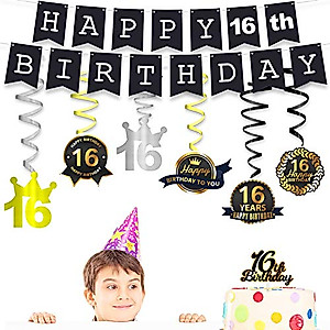 wongmode 16th Birthday Decorations Set - Happy Birthday Theme Swirls Streamers Garland Banner and Cake Topper Cheers to 16 Years Old Party Supplies