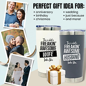 Brooke & Jess Designs Funny Tumbler Gift Set for Husband and Wife - Awesome Wife Cup Husband Tumbler Coffee Mug - Great Travel Cup Gifts for Husbands and Wives, Birthday Presents for Her, Him