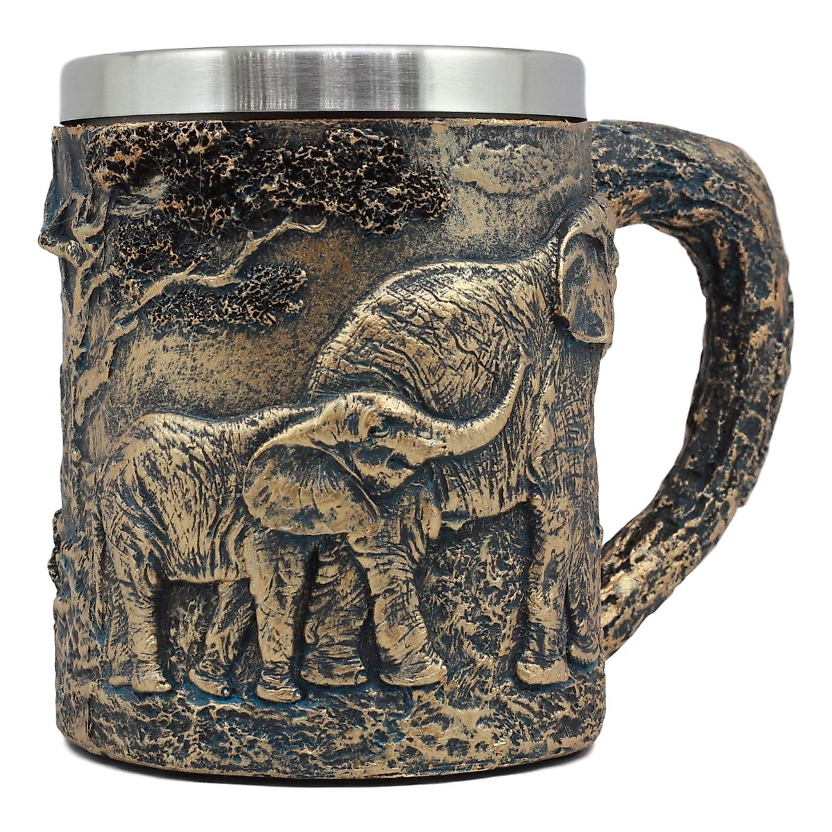 Ebros Animal Totem Spirit Safari Elephant And Calf Family Mug Textured With Rustic Textured Tree Bark Design In Painted Bronze Finish 12oz Drink Beer Stein Tankard Coffee Cup (Elephant Family)