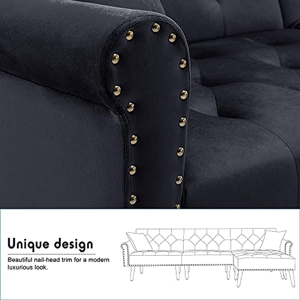 ivinta Convertible Velvet Sofa Couch, Sectional Sofa with Ottoman, Mid-Century Upholstered Comfy Sofa Bed, Queen Sleeper Sofa for 4-Seater, Modular Sofa for Living Room (Black)