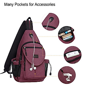 MOSISO Sling Backpack,Canvas Crossbody Hiking Daypack Bag with Anti-theft Pocket, Wine Red