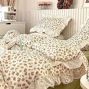 JamChe Lovely Pastoral Style Ink Paint Embroidered Flower Ruffle Lace Bedding 100% Cotton Quilt Cover Sheet Four Piece Set,L,14,Queen 180cm Bed 4pcs