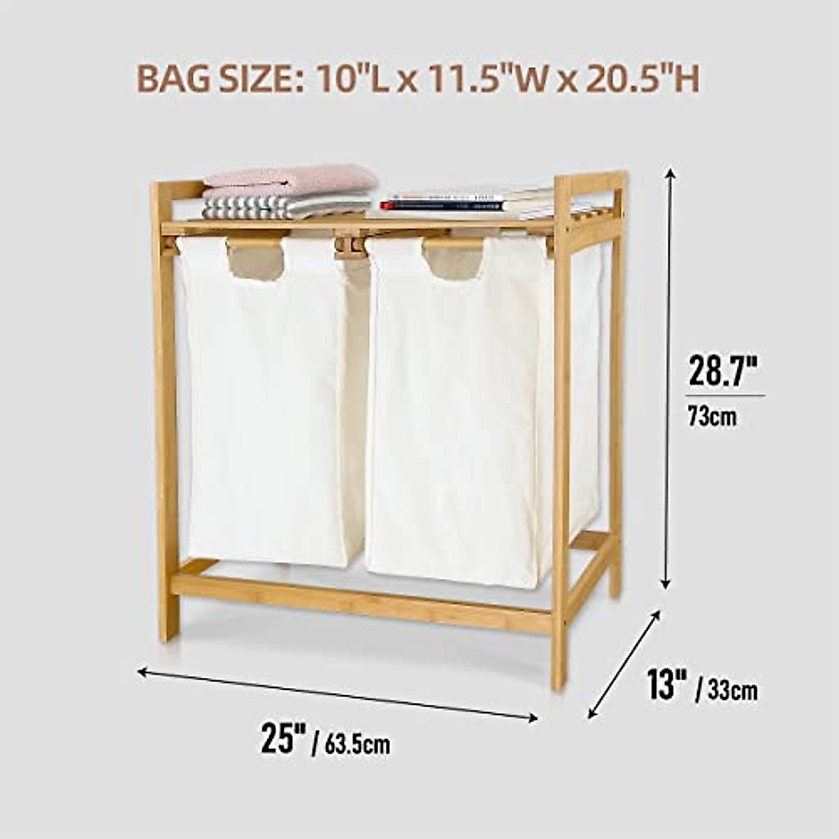 Bellglee Laundry Hamper with Shelf, 2 Sections Wooden Laundry Basket with Sliding Removable Bags, Bamboo Wood Laundry Organizer with Double Compartments, Laundry Sorter with Handles