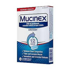 Mucinex 12 Hour Maximum Strength 1200 mg Guaifenesin Extended-Release Tablets for Excess Mucus Relief, Expectorant Aids Excess Mucus Removal, Chest Congestion Relief, 14 Tablets