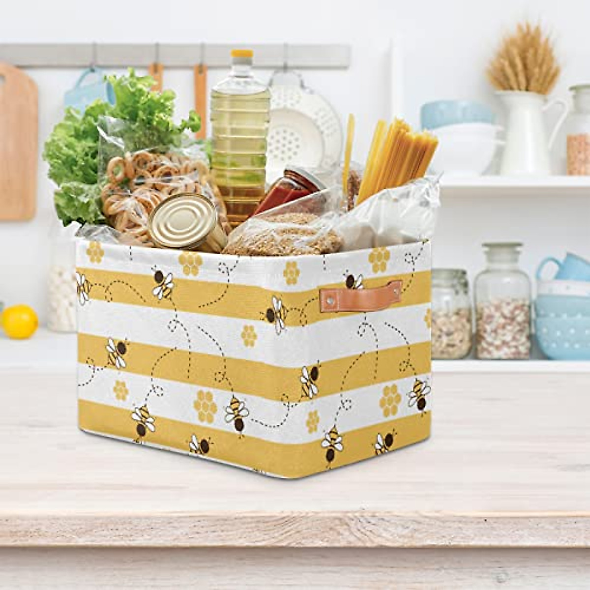 Storage Baskets with Handles, Bee Honeycomb Yellow White Stripe Storage Cube Rectangular Fabric Collapsible Toy Storage Bin Organizer for Closet Shelf Laundry Nursery Kids Bedroom, 15x11x9.5 In,1 Pack