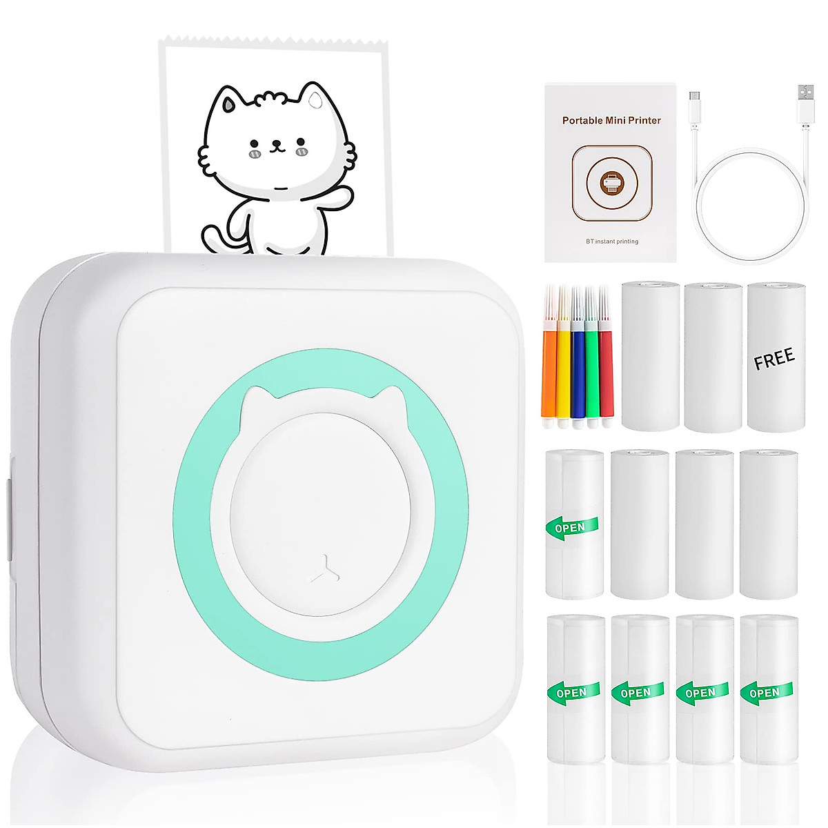 Portable Pocket Printer, Mini Bluetooth Thermal Mobile Printers with 10 Rolls Printing Paper and 5 Colored Pens Compatible with Android iOS, Inkless Printing Gift for Study Office Receipt Photo Notes