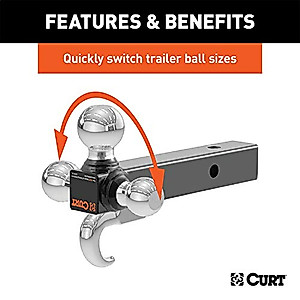 CURT 45675 Multi-Ball Trailer Hitch Ball Mount, 1-7/8, 2, 2-5/16-Inch Balls and Tow Hook, Fits 2-Inch Receiver, 10,000 lbs