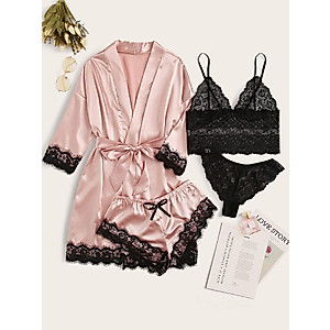 WDIRARA Women' Silk Satin Pajamas Set 4pcs Lingerie Floral Lace Cami Sleepwear with Robe Pink XS