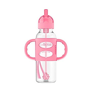 Dr. Brown's Milestones Narrow Sippy Straw Bottle, Spill-Proof with 100% Silicone Handles and Weighted Straw, 8 oz/250 mL, Pink, 6m+