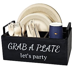 Paper Plate Holder, Utensil Caddy Organizer, Wood Paper Plate Dispenser, Silverware Caddy Holder, and Disposable Coffee Bar Accessories Box for Kitchen Counter, Party, Camping, Picnic (4 Compartment)