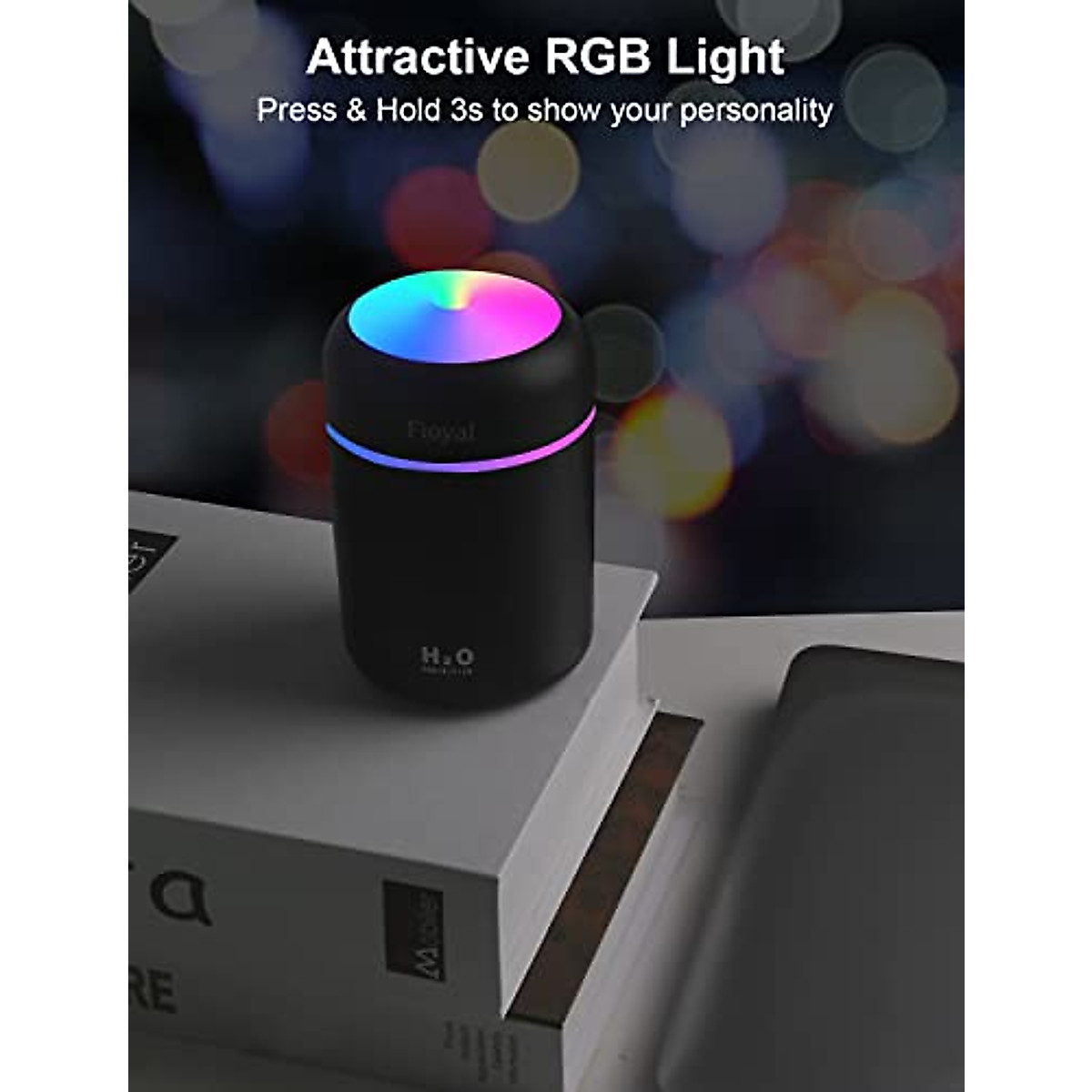 Portable Mini Humidifier, Fioyal RGB Light Small Humidifiers for Bedroom, Car, Desktop, 2 Cool Mist Modes, Quiet(300ML, Black)