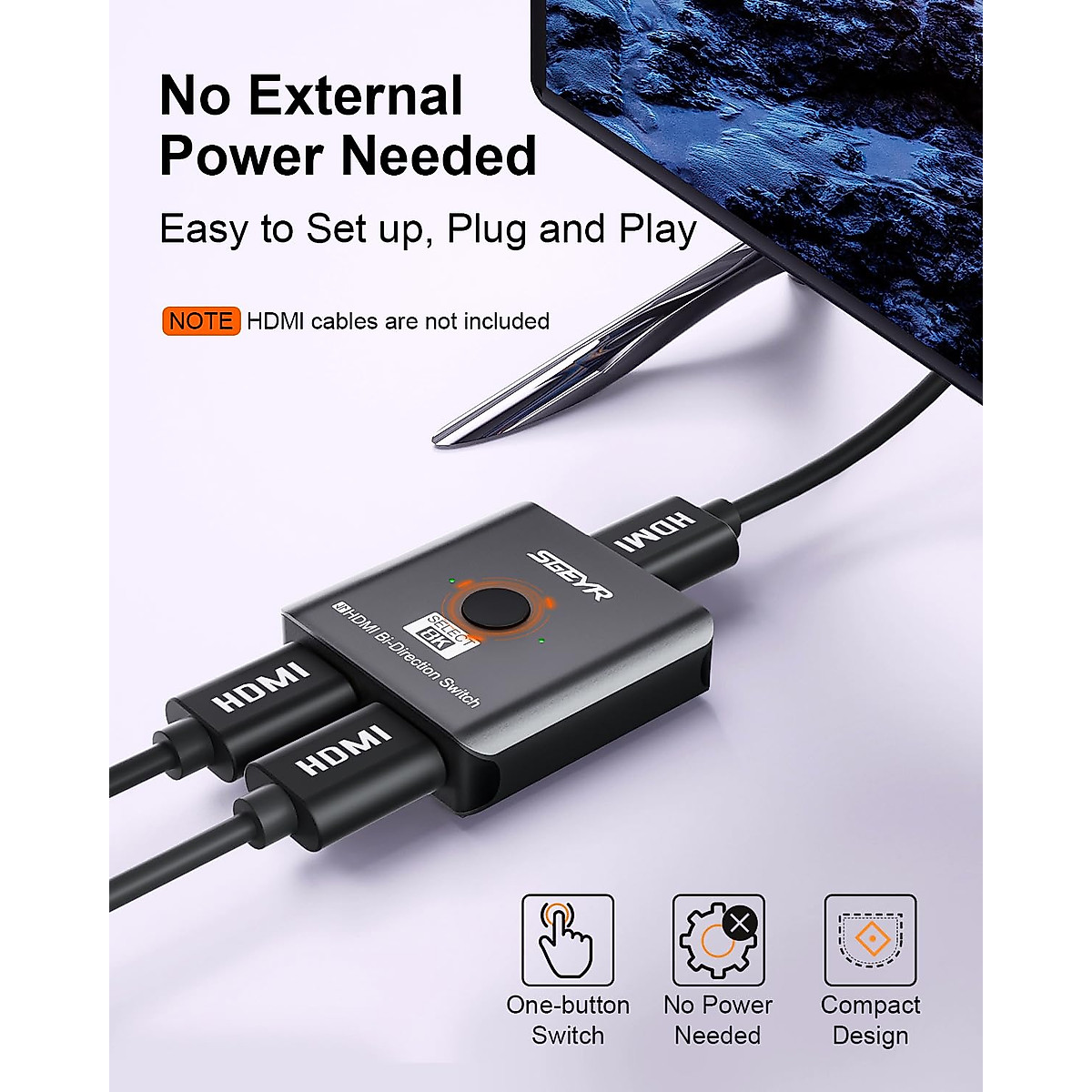 SGEYR HDMI Switch, 8K HDMI Switcher 2 in 1 Out,HDMI 2.1 Switch Selector,Aluminum HDMI 2.1 Splitter Bi-Directional Ultra HD, Support 8K@60Hz,48Gbps, Compatible with PS5/4,Xbox,Roku