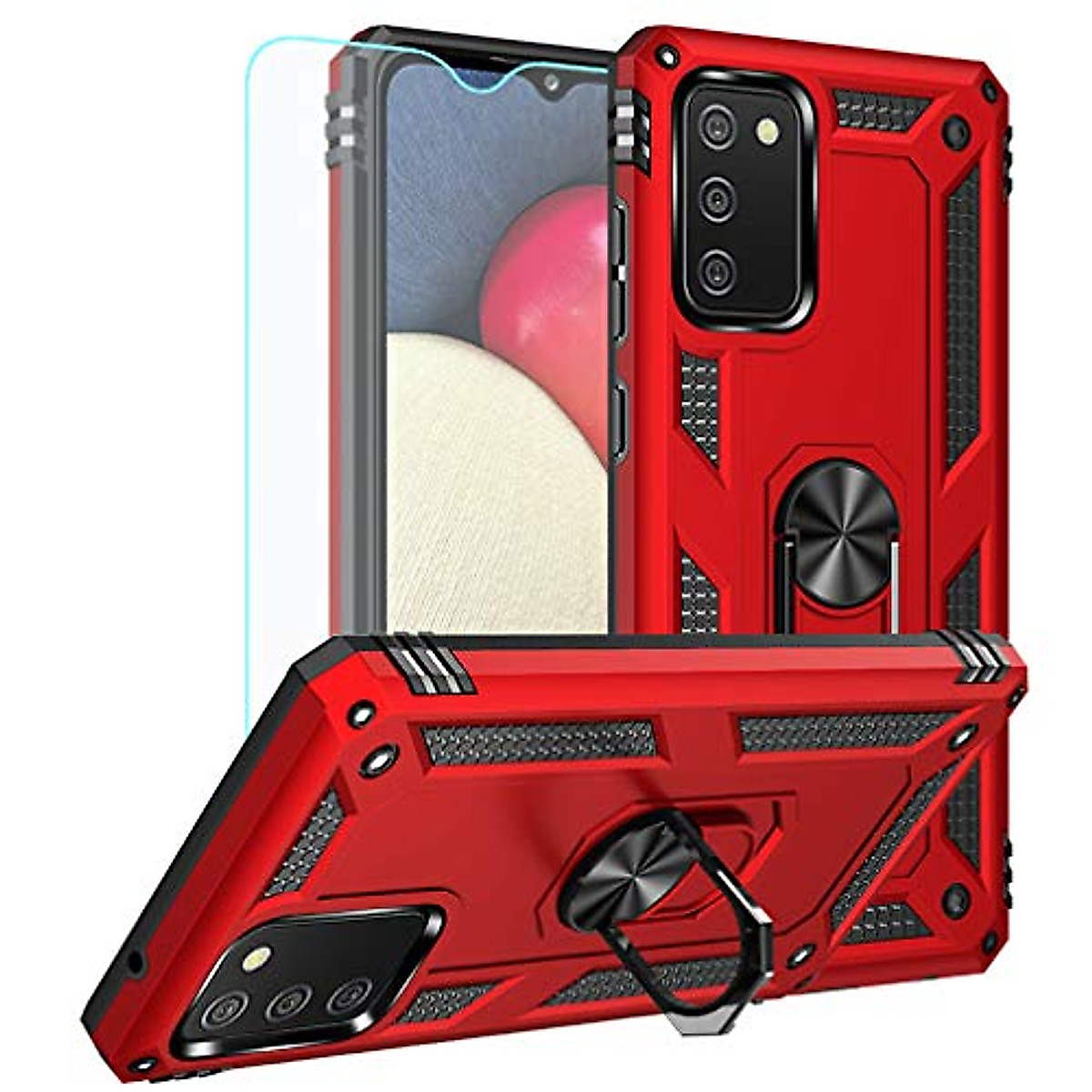 YZOK for Galaxy A02S Case,Samsung A02S Case,with HD Screen Protector,[Military Grade] Ring Car Mount Kickstand Hybrid Hard PC Soft TPU Shockproof Protective Case for Samsung Galaxy A02S (Red)