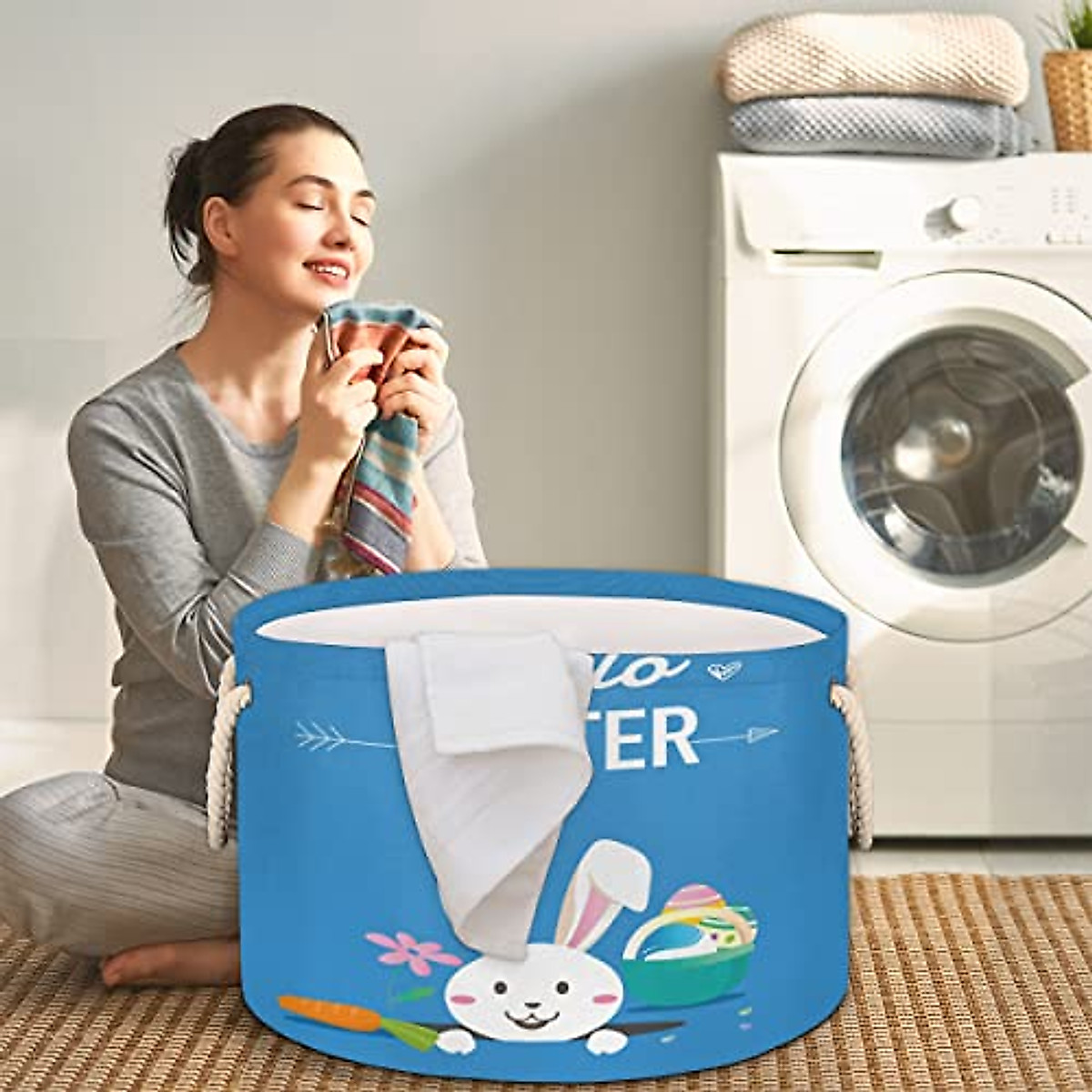 Happy Easter Day Large Round Baskets for Storage Laundry Baskets with Handles Blanket Storage Basket for Bathroom Shelves Bins for Organizing Nursery Hamper Girl Boy