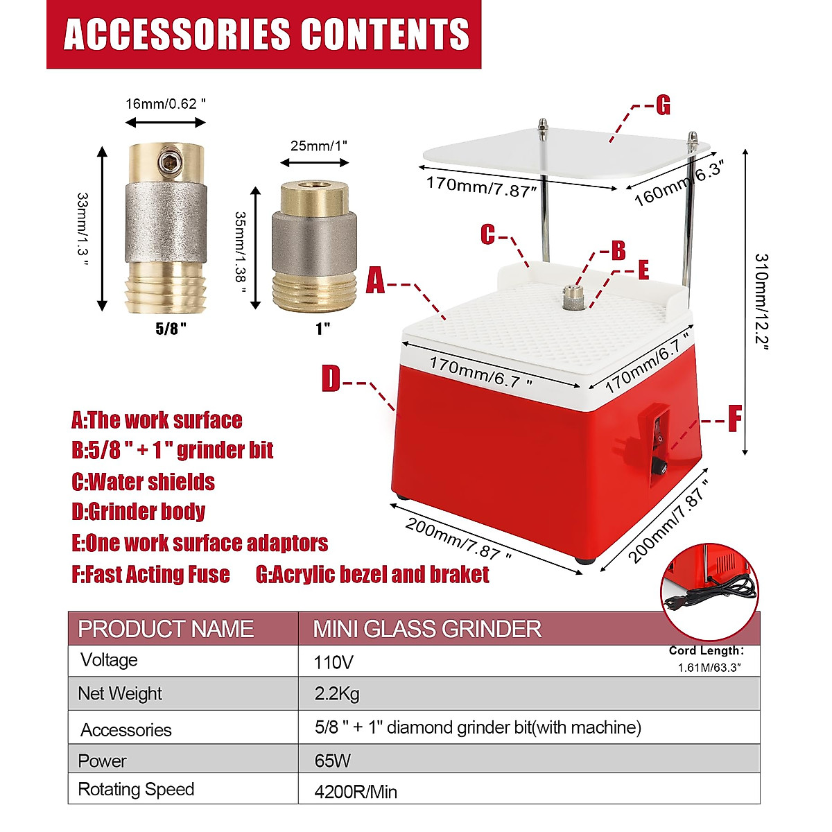 Podoy Stained Grinders Glass, Mini Power Industrial Glass Ceramics Grinding Tool with 5/8" + 1" Diamond Grinder Bit + Acrylic Bezel (110 V, Red)