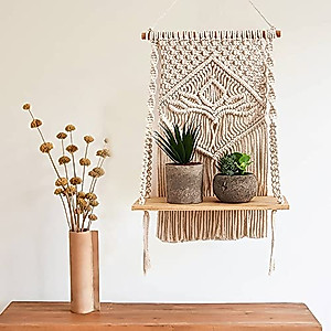 Walbest Macrame Wall Hanging Shelf Decor - Macrame Plant Hanger Boho Wall Decor, Boho Hanging Floating Wall Shelves for Wall Storage Beige