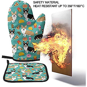 QISHUI Cute Corgi Oven Mitts and Pot Holders Kitchen Set Heat Resistant Cooking Baking BBQ Mitts