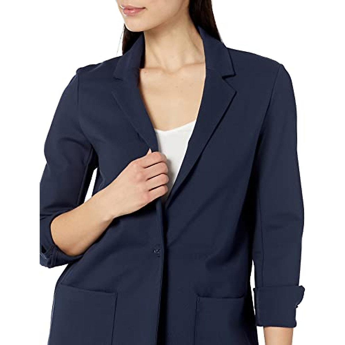 Amazon Essentials Women's Relaxed-Fit Soft Ponte Blazer, Navy, Large