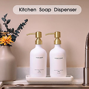 Supforce Kitchen Soap Dispenser Set with Ceramic Tray, 16.9oz Glass Dish Soap Dispenser with 12 Waterproof Labels and Stainless Steel Pump, Hand Soap Dispenser for Kitchen Bathroom Farmhouse