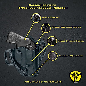 Cardini Leather OWB Leather Holster for S&W J Frame, for Ruger LCR and SP101, and Other 38 Special Snub Nose Revolver up to 2.25" Barrel- Midnight Black Right Hand
