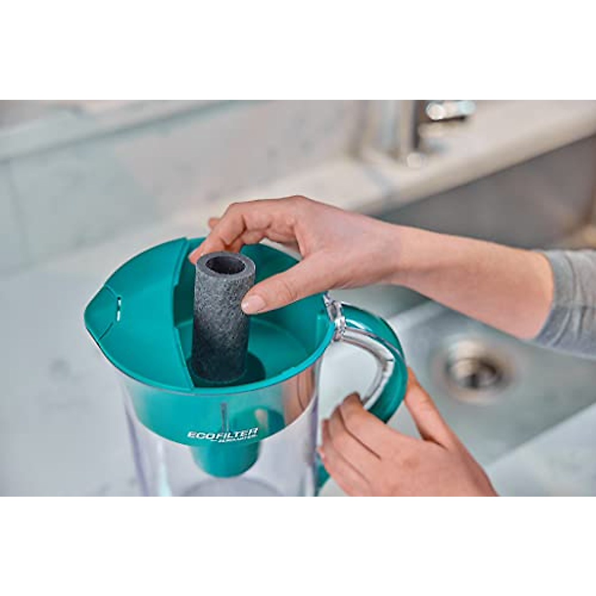 EcoFilter 10 Cup Filtered Pitcher by ZeroWater, No Plastic Shell, Reduces Chlorine Smell and Taste, Clear and Green