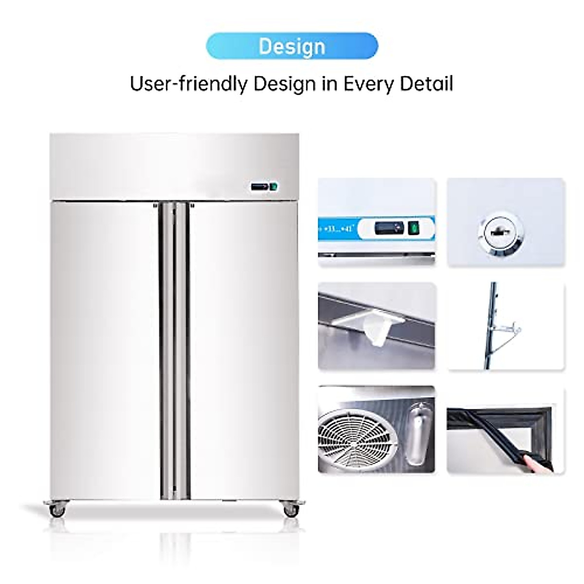 Aceland AR-48B NON-ETL 48'' W Commercial Refrigerator 2 door Stainless Reach in Solid door Upright Fan Cooling Cooler for Restaurant, Bar, Shop, Residential 36 Cu.ft, Silver