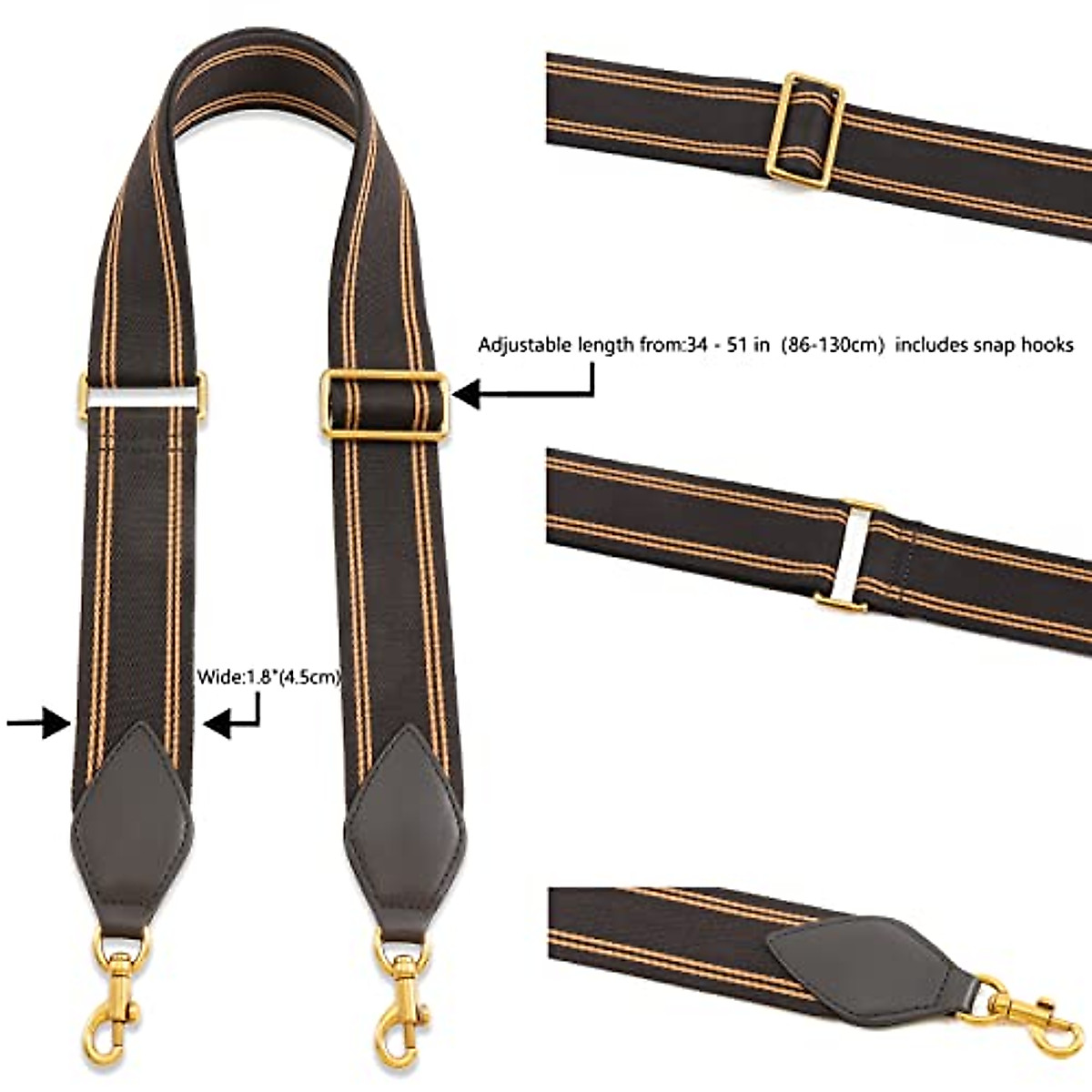 HUADEK Purse Strap Replacement Crossbody Handbag Stripe Wide Adjustable (Black & Brown-bag Strap)