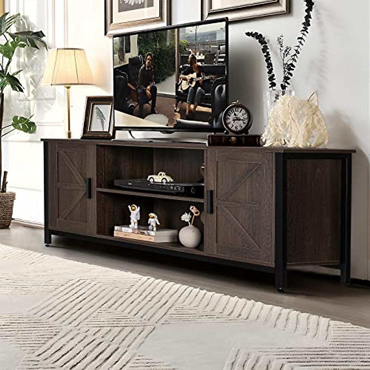 WEENFON Farmhouse TV Stand for 55 Inch TV, TV Console with Storage Barn Doors,Entertainment Center for Living Room, Bedroom, TV Stand with Stable Metal Frame, Dark Brown