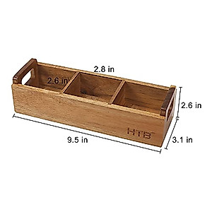 HTB Small Tea Bag Box Wooden, 3 Compartments Acacia Wood Tea Bag Chest with Handle, Mini Countertop Divided Storage Container for Beverage Supplies, Sugar, Sweeteners, Individual Packets