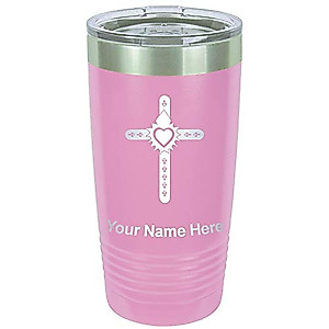 LaserGram 20oz Vacuum Insulated Tumbler Mug, Cross with Heart, Personalized Engraving Included (Light Purple)