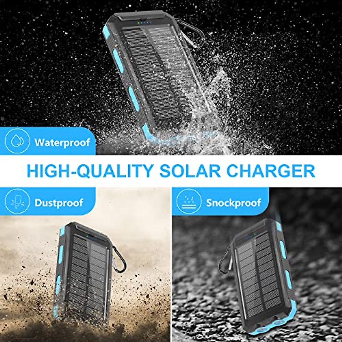 Solar Charger, 20000mAh Solar Power Bank, Portable Solar Phone Charger Waterproof Cellphone External Battery Packs with Dual LED Flashlights for Outdoor Camping Travel