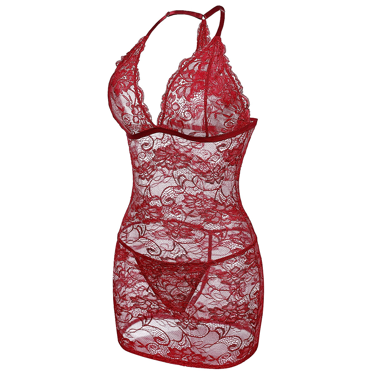 Gladiolus Lingerie Dress for Women Lace Chemise Babydoll Bodycon Teddy Nightwear Dark Red M