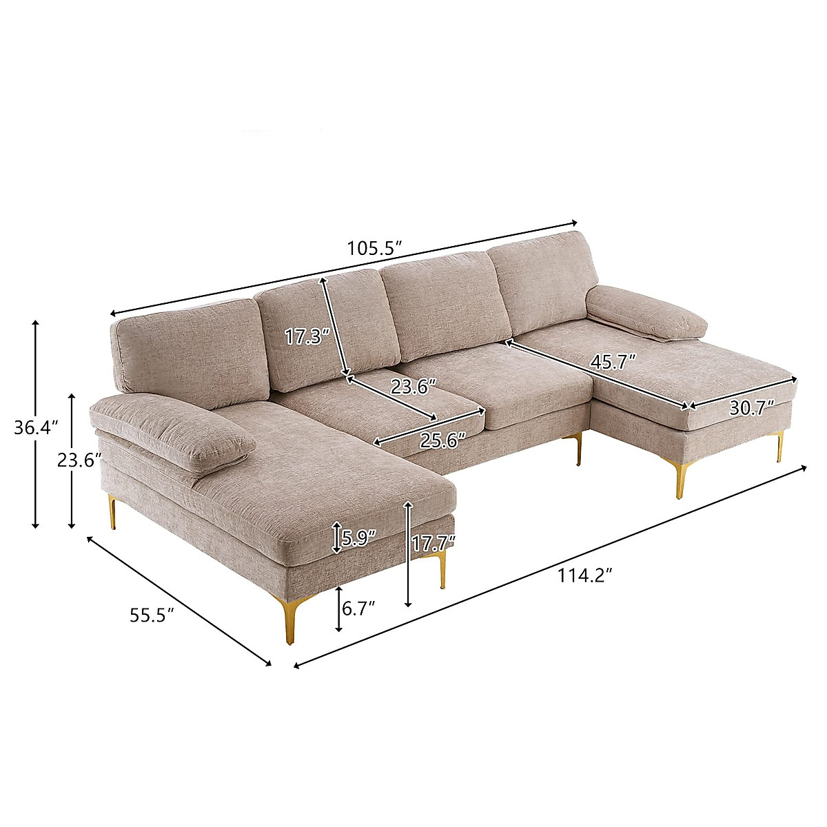 POULEII Sectional Sofa,Modern U-Shape Modular Sectional Sofa Sleeper Couch with Chenille Fabric and Gold-Plated Feet for Living Room, Apartment, Office,Camel