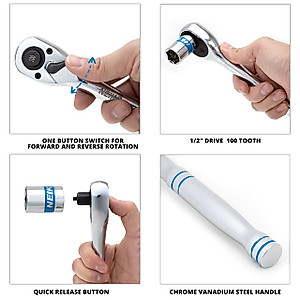 Neiko 03117A 1/2 Inch Ratchet Wrench, 100-Tooth Reversible Ratchet, 3.6 Degree, Quick Release 1/2 Drive Ratchet, 10" Long Handle Ratchet, Oval Head Socket Wrench, CR-V Steel Half Inch Rachet Wrench