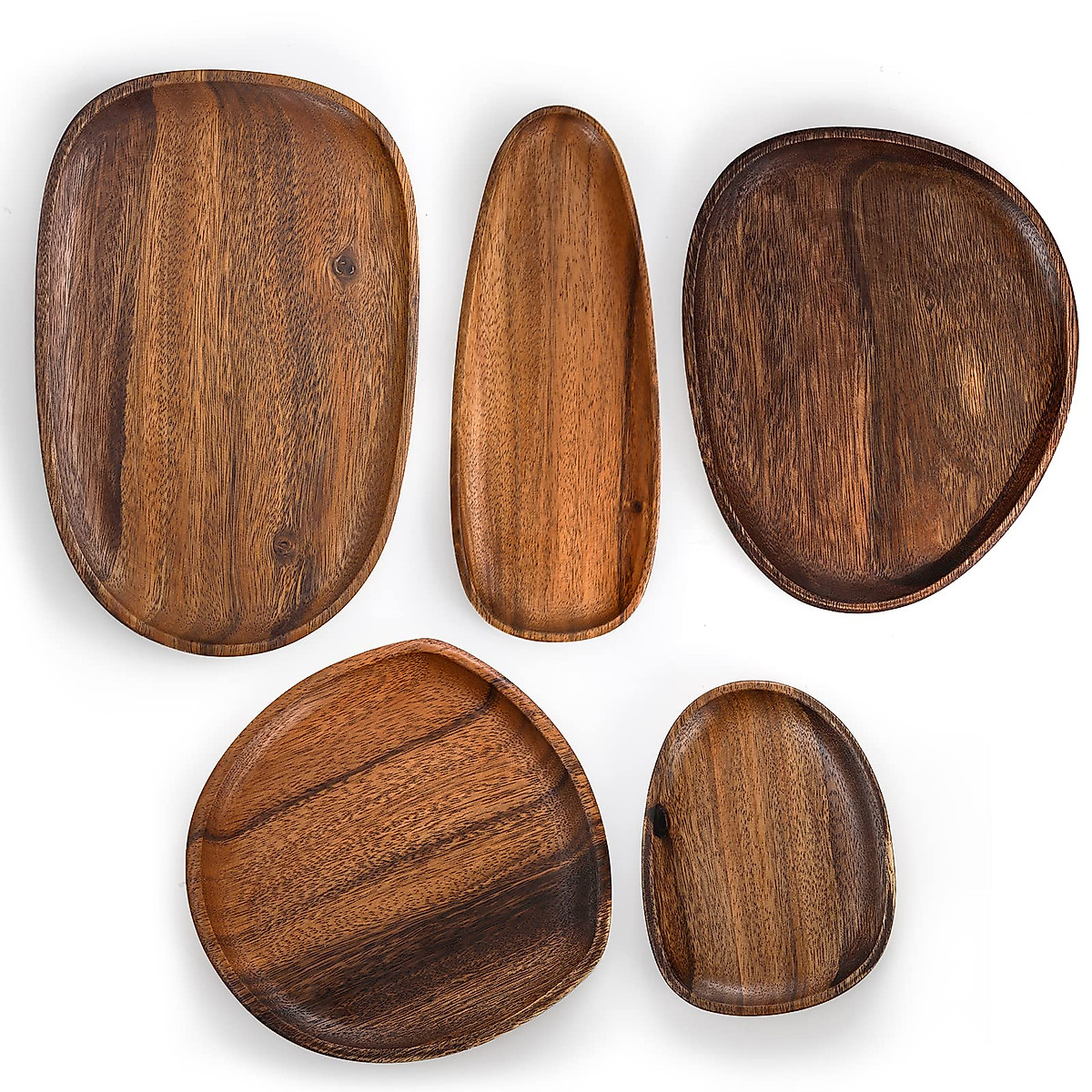 Okllen Set of 5 Acacia Wood Serving Platter and Trays, Irregular Oval Solid Wood Plates Serving Tray, Lightweight Wood Dinner Plates for Breakfast, Coffee, Tea, Snack, Plant, Housewarming Gift