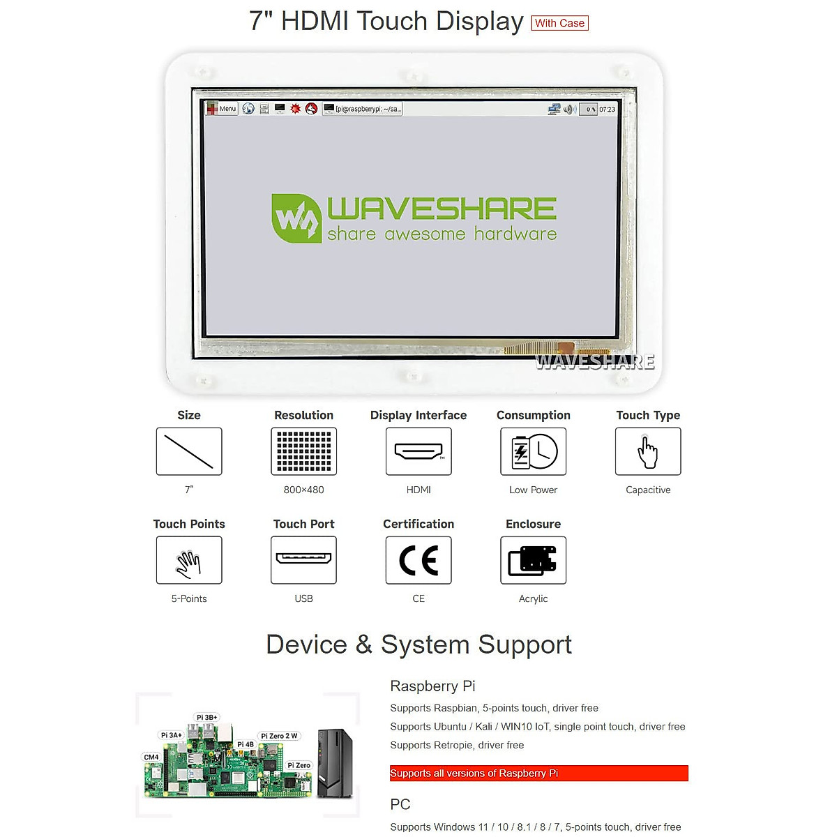 Waveshare 7inch Capacitive Touch Screen LCD with Bicolor Case Compatible with Raspberry Pi 4B/3B+/3A+/2B/B+/A+/Zero/Zero W/WH/Zero 2W CM3+/4 800×480 Resolution HDMI Supports Windows