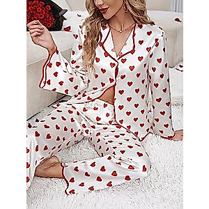 Verdusa Women's Satin Pajama Sets Sleepwear Heart Print Button Up Shirt and Pants White M