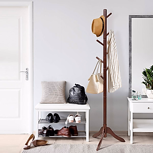 GOFLAME Coat Rack Freestanding, Wooden Entryway Coat Tree Hanger with 8 Hooks and 4 Sections, Height Adjustable Coat Stand for Home Office Hallway Entryway (Brown)