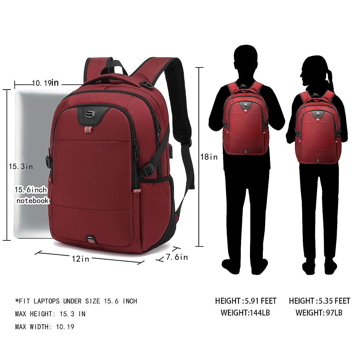 INSAVANT Laptop Backpack 15.6 Inch Water Resistant Backpacks Durable College Travel Daypack Anti Theft with USB Charging Port Best Gift for Men Women (15.6 Inch, Red)