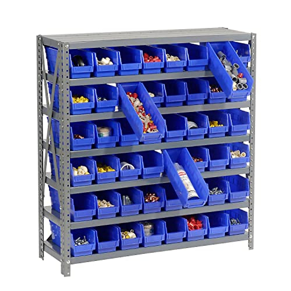 Global Industrial 7 Shelf Steel Shelving with (48) 4" H Plastic Shelf Bins, Blue, 36x12x39