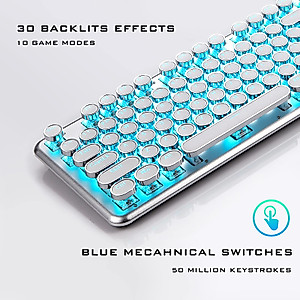 Alkem Mechanical Gaming Keyboard with 30 LED Backlits White Retro Typewriter Keyboard Full-Size 104 Keys USB Wired Retro Steampunk Keyboard Blue Switch Ergonomic Keyboard Metal Panel (Silver)