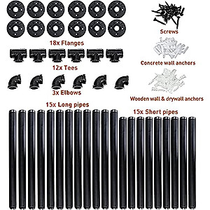 FJANKUI 5 Tier Industrial Rustic Wall Mount Wood Floating Iron Pipe Shelving, DIY Open Wall Display Bookshelf, Black Metal Bracket Storage Wall Shelf for Utility Shelves, Office Shelves, Etc