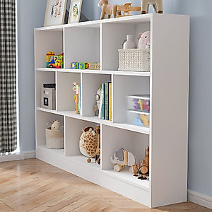 ECACAD Bookcase, Wood Bookshelf with 3 Tier Open Shelves, 10-Cube Storage Organizer Display Shelf for Living Room, Home Office, White (55.1”L x 9.4”W x 40.9”H)