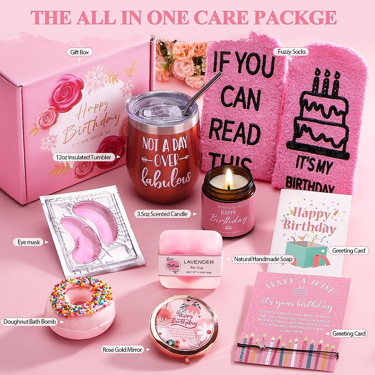 Birthday Gifts for Women, Happy Birthday Bath Set Relaxing Spa Gift Baskets Ideas for Her, Self Care Gifts for Women, Sister, Friends, Coworker, Unique Gifts for Women Who Have Everything