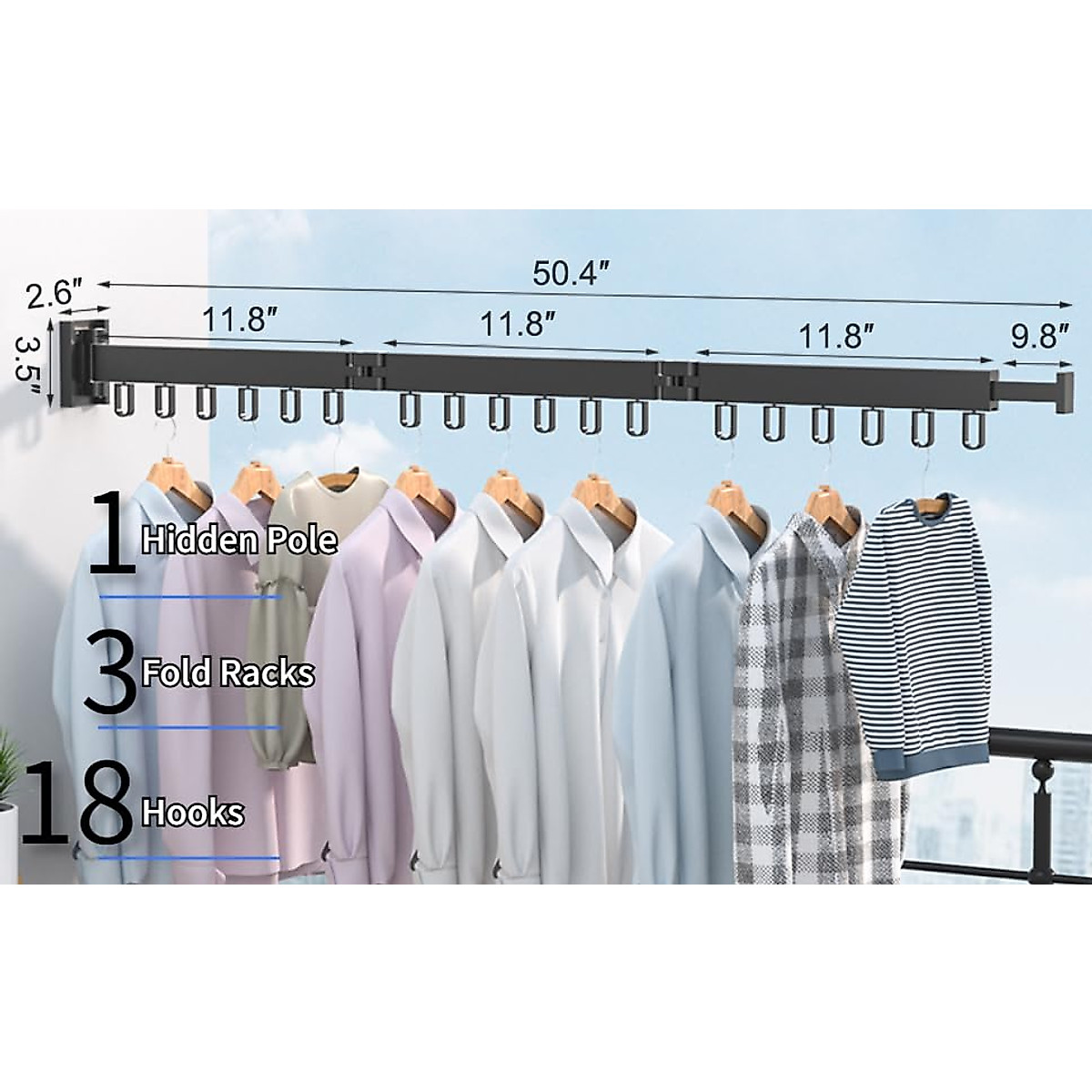 Wall Mounted Clothes Drying Rack, Laundry Drying Rack Foldable, Retractable Drying Rack Clothing, Laundry Hanger Dryer Rack, Collapsible Hanging Rack, Clothing Rack, Space-Saving Clothes Rack, Black